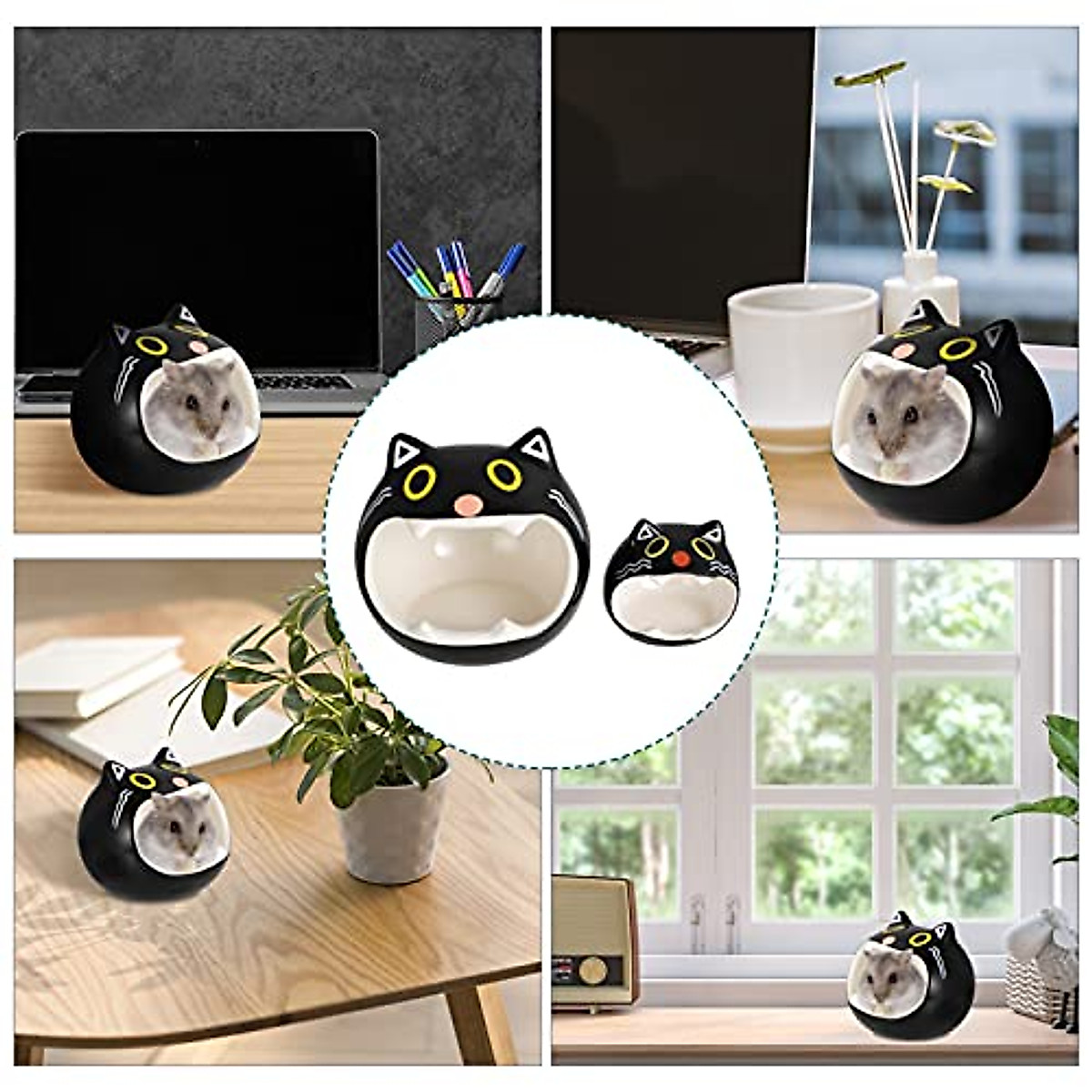 balacoo House- Plate Hedgehog/Chinchilla Cave Hideout Hamster Cat Pig Cartoon Cage Cooling Sand Specter with Guinea Pig/Ceramic and Supplies Adorable Summer Mini Pet Black, Tiny House Accessories