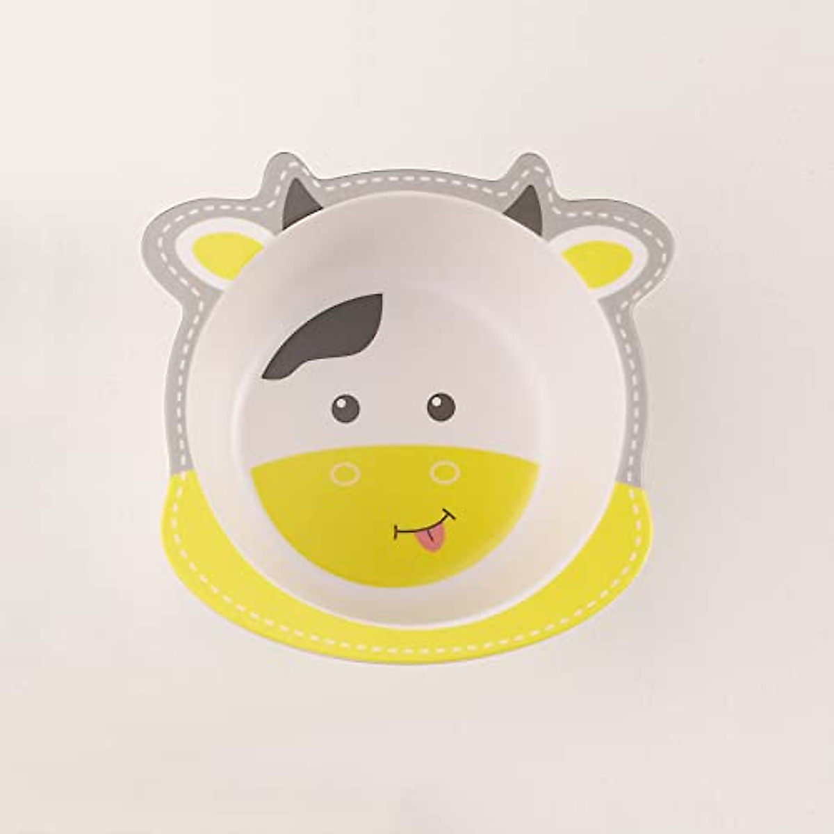 Fekdod Kids Dinnerware Set Bamboo 5 Pcs with Plate Bowl Cup Fork Spoon (Cow)