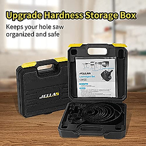 Hole Saw kit, Jellas 20PCS Hole Saw Set with 14Pcs Saw Blades, General Size 3/4" to 5", 2 Mandrels with Drill Bits, 1 Installation Plate, 1 Hex Key, 1 Storage Case, Ideal for Wood, PVC Board, Plastic