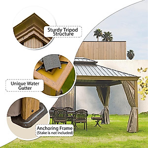 12'x14' Hardtop Gazebo, Wooden Coated Aluminum Frame Canopy with Galvanized Steel Double Roof, Outdoor Permanent Metal Pavilion with Curtains and Netting for Patio, Deck and Lawn(Wood-Looking)