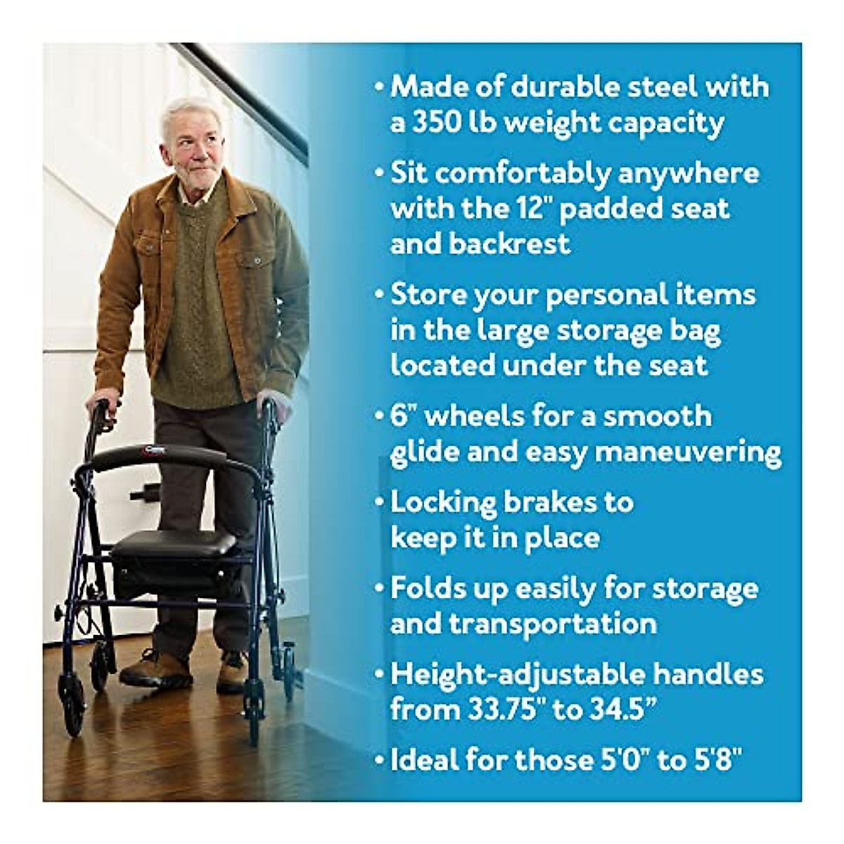 Carex Steel Rollator Walker with Seat and Wheels - Rolling Walker for Seniors - Walker Supports 350lbs, Foldable, For Those 5'0" to 5'8", Walker With Wheels