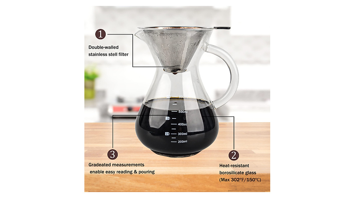 T-mark Pour Over Coffee Maker – Reusable Stainless Steel Filter, 20oz