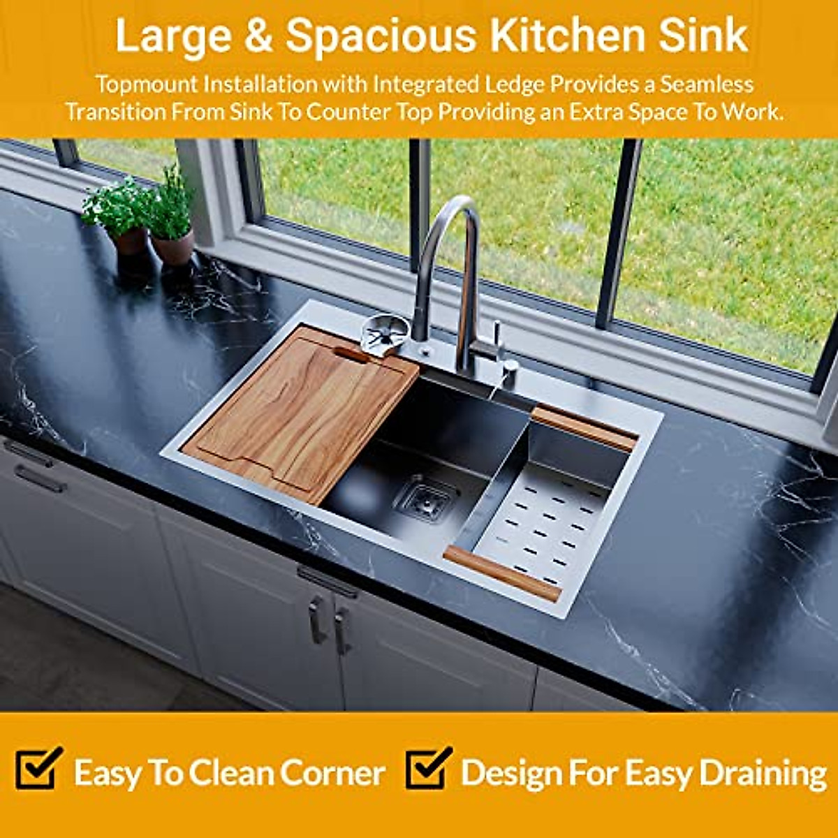 Strictly Sinks 33” Topmount Kitchen Workstation Sink-Gunmetal Black Single Bowl 16 Gauge Stainless Steel Drop In Sink, Acrylic Cutting Board,Cutting Board with Strainer Bowl & Bottom Protector Grid