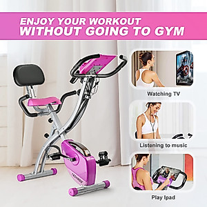 Folding Exercise Bike Portable Upright Adjustable Backrest Cycling Recumbent Stationary Bike Slim Indoor Workout Fitness Cardio Foldable Exercise Bicycle Machine with Pulse Sensor LCD Monitor Arm