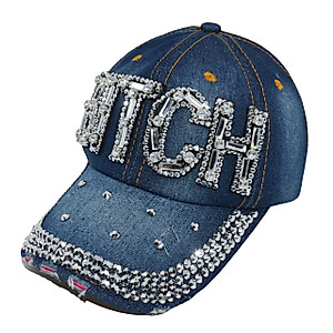 Popfizzy Bling Bitch Hat for Women Rhinestone Hat, Bedazzled Baseball Caps, Distressed Hat, Sparkle Studded Denim Ball Caps (Bitch)