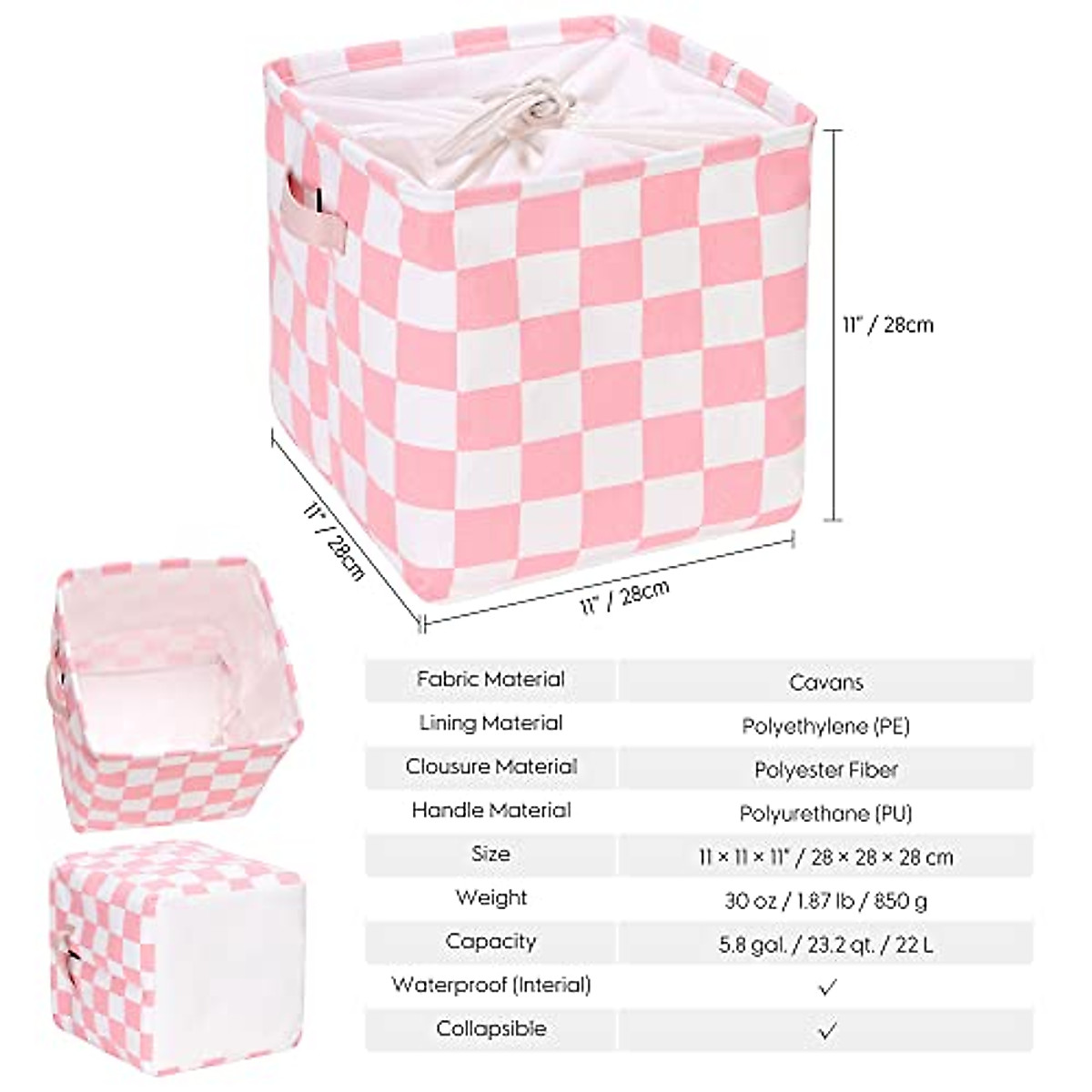 Hinwo 3-Pack Cubic Organizer Shelf Bins, Canvas Fabric Storage Baskets with Handles, 22L/5.8-Gal Square Storage Bins, Cubes, Collapsible Storage Box, 11 x 11 x 11 Inches (S, Pink Checkerboard)