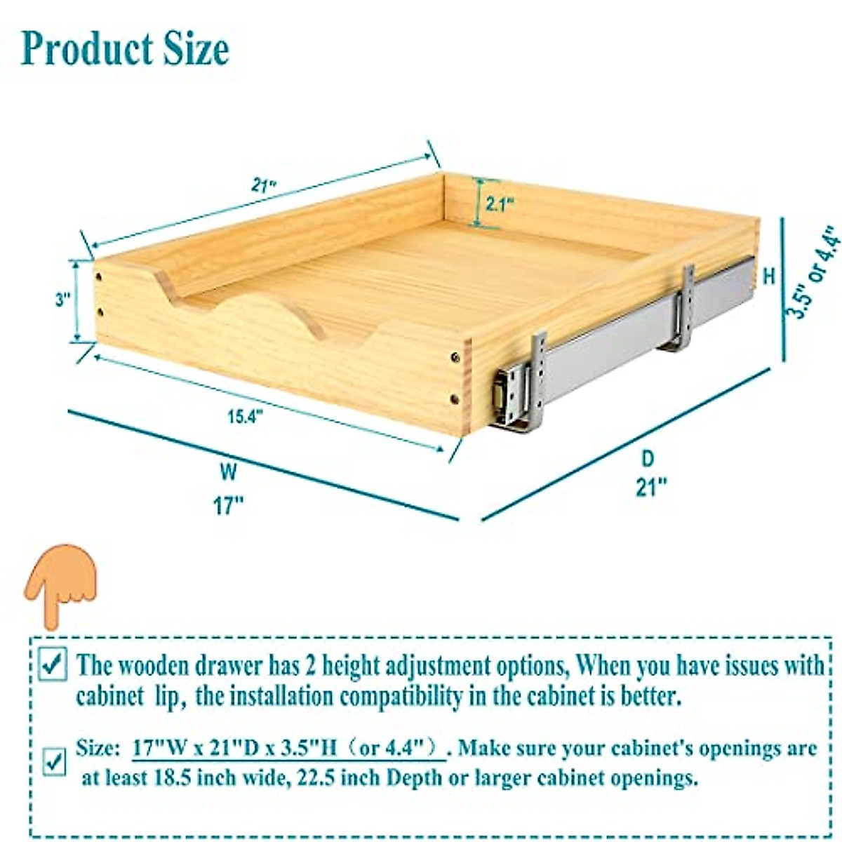 OCG 1 Tier Pull Out Cabinet Organizer (17" W x 21" D), Heavy-Duty Slide out Wood Drawer Shelf, Pull Out Drawer for Cabinets, Base Cabinet Organization for Kitchen, Pantry, Bathroom