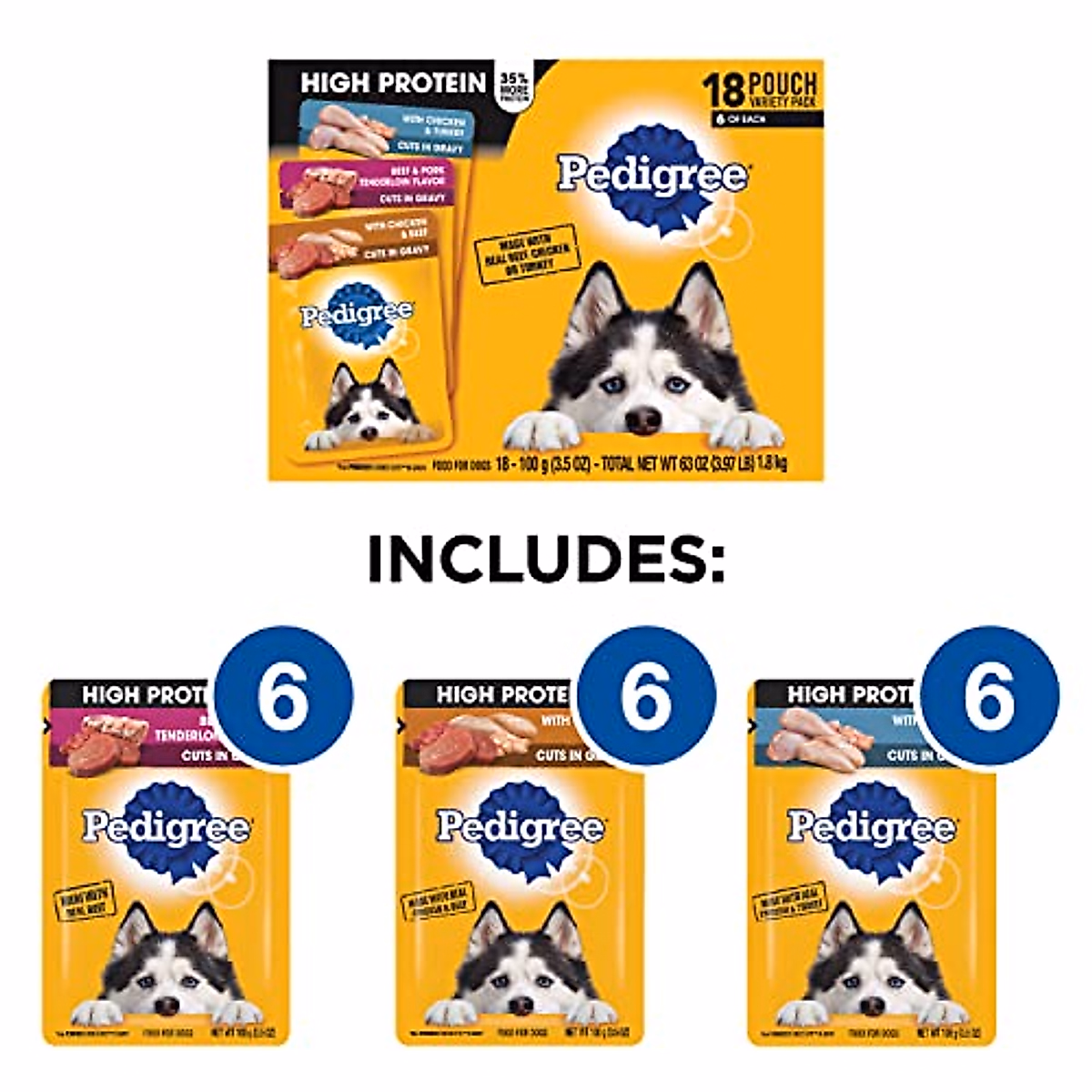 Pedigree High Protein Wet Dog Food Pouches, Variety Pack, 3.5 oz. Pouches,(Pack of 18)