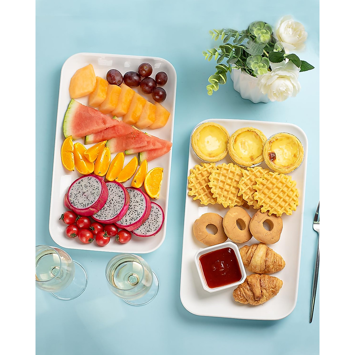3 Tiered Serving Tray with White Porcelain Platters,Tiered Serving Stand Food Display Stand, Tiered Serving Trays & Platters, Rotatable Foldable Rectangular Plates for Dessert, Brithday Party & Events
