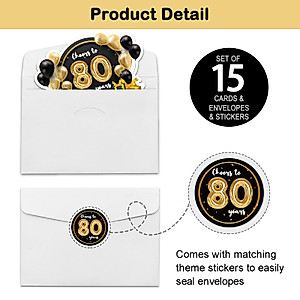REWIDPARTY Cheers to 80 Years Birthday Party Invitations with Envelopes & Stickers（Set of 15） Balloon Shaped Fill-in Invitations Black Gold 80th Invite Cards 80th Birthday Anniversary Party Supplies