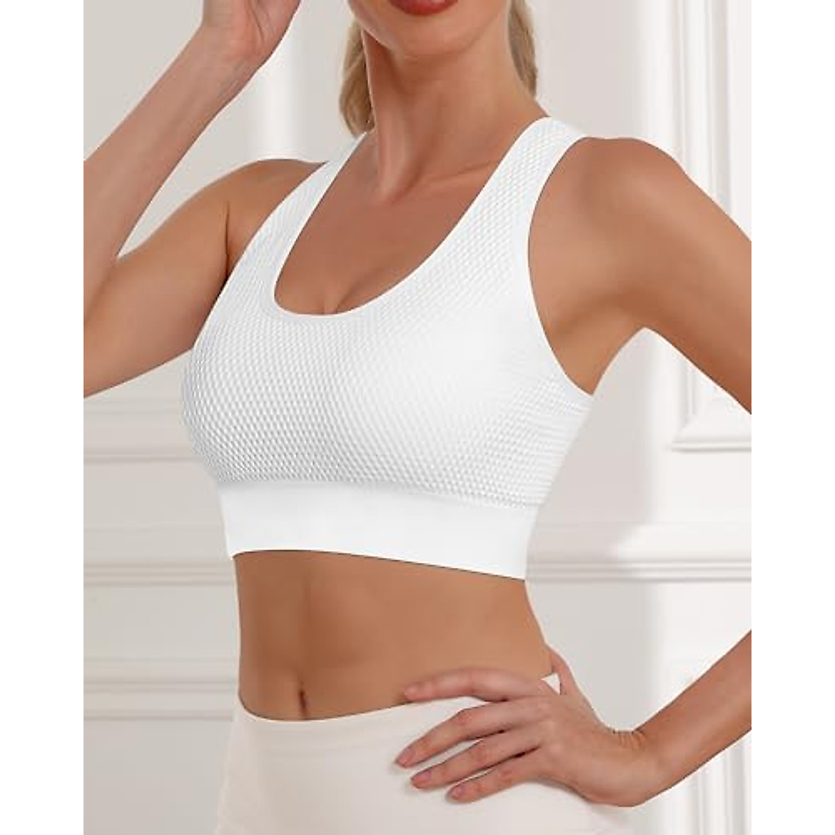 HORISUN Womens Racerback Sports Bra Seamless Wireless Workout Yoga Bras(White XL)