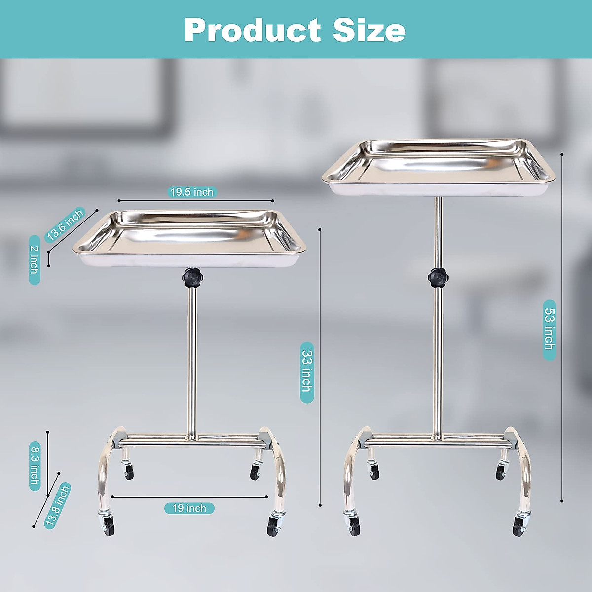Konmee Premium Mayo Instrument Stand Salon Tray Medical Tray Beauty Spa Tray Dentist Tray with Wheels,Stainless Steel