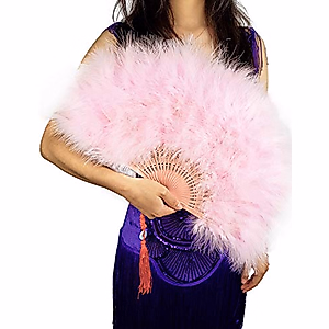 HAPPY FEATHER Handheld Marabou Feather Fan, 1920s Vintage Style Flapper Hand Fan for Costume Party and Dancing-Light Pink