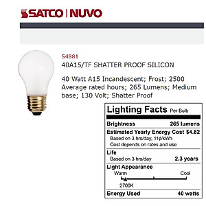 Satco S4881 40 Watt A15 Incandescent; Frost; 2500 Average rated hours; 265 Lumens; Medium base; 130 Volt; Shatter Proof (6 Incandescent Frosted Bulb)