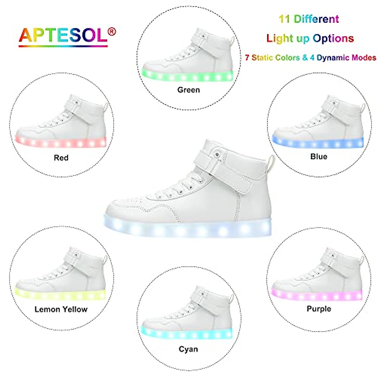APTESOL Unisex LED Shoes High Top Light Up Sneakers USB Rechargeable Flashing Shoes for Women Men (White,8 Women/6.5 Men)
