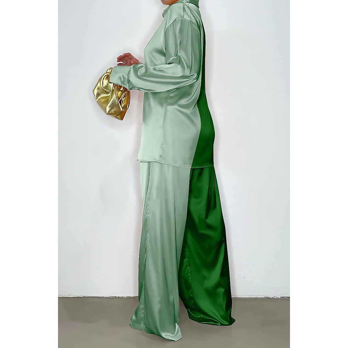 PRETTYGARDEN Women's 2 Piece Satin Outfits Long Sleeve Button Down Tops Wide Leg Pants Silk Loungewear Pajama Sets (Grass Green_Light Green,Medium)