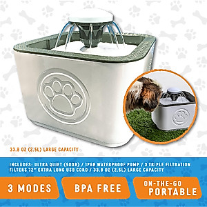 Pet Water Fountain, Dog Cat Water Fountain 84oz/2.5L, Automatic Ultra Quiet Pet Water Fountain Water Dispenser, Dog Bowl Dispenser with Super Long Life Span Pump, 3 Triple Filters, White
