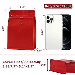 REMTAP Coffee Bags with Valve (50pcs,8oz) Red High Barrier Aluminumed Foil Flat Bottom Standing Coffee Beans Storage Bags,Reusable Heat Sealable Side Zipper Pouches for Home or Store