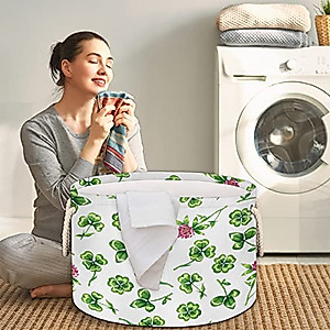 St. Patrick's Day Green Clover Leaves (06) Large Round Baskets for Storage Laundry Baskets with Handles Blanket Storage Basket for Bathroom Shelves Bins for Organizing Nursery Hamper Girl Boy