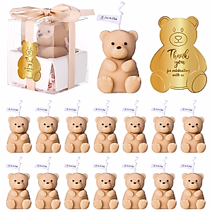 MTLEE 36 Pcs Baby Shower Favors Includes 12 Bear Candles with 12 Bear Shaped Acrylic Cards and 12 Clear Gift Boxes Filled with Raffia Grass for Baby Shower Gifts Birthday Gift Wedding(Pink)