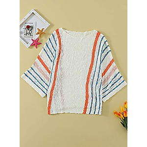 Dokotoo Womens Ladies Cute Casual Summer Fall 2023 Crewneck Color Block Striped Wide Bell 3/4 Sleeve Oversized Baggy Lightweight Comfy Cozy Cable Knit Beach Pullover Sweaters for Women Tops Shirts XL