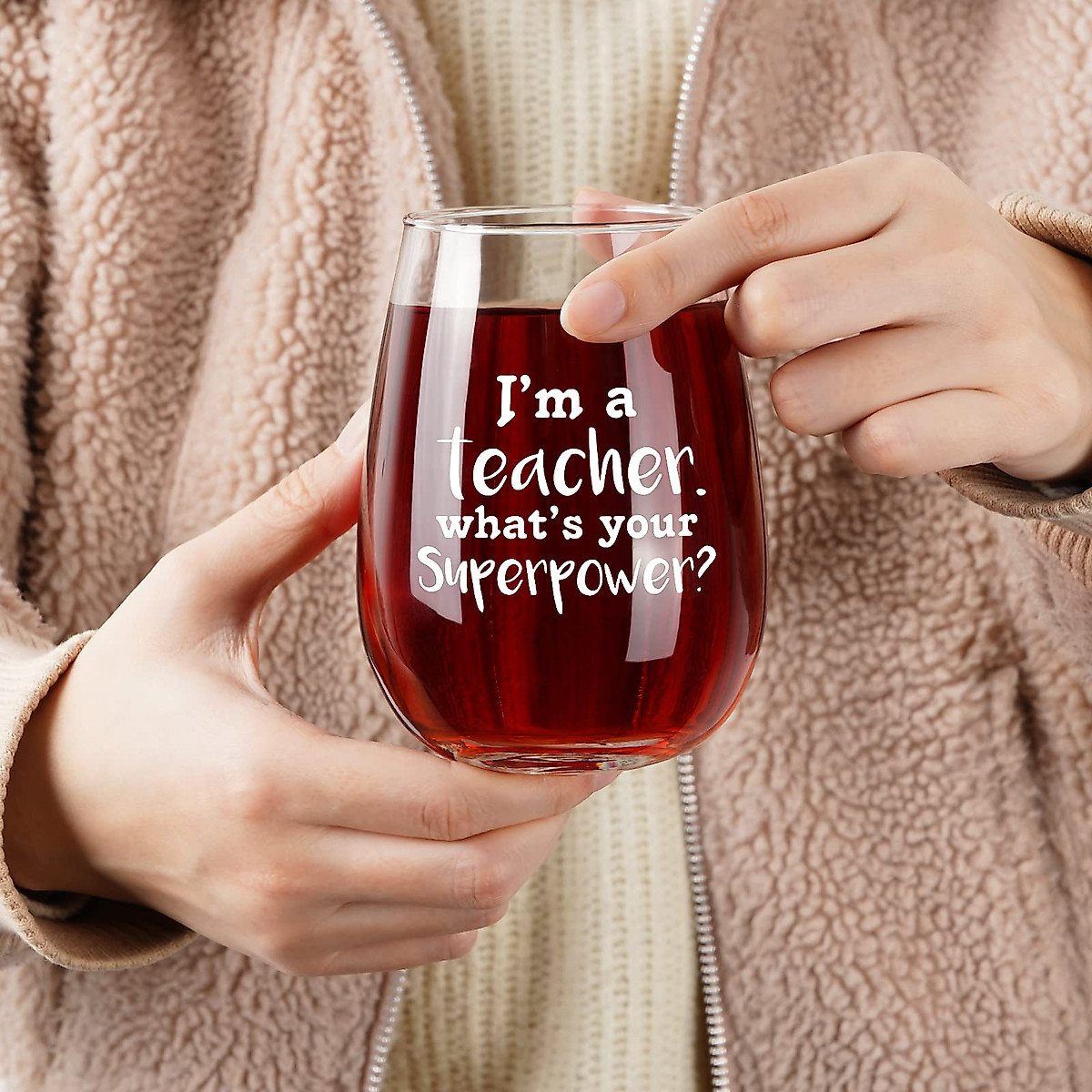 Gtmileo Teacher Gift - Funny I'm a Teacher What's Your Superpower Stemless Wine Glass, Teacher's Day Gift for Teacher, Tutor, Professor, Appreciation Gift, Thanks Gift for Birthday, Christmas, 15Oz