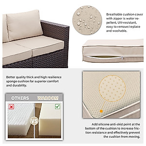 WAROOM Patio PE Wicker Furniture Set 6 Piece Outdoor Brown Rattan Sectional Loveseat Couch Conversation Sofa Chair with Storage Box and Glass Top Coffee Table, Non-Slip Khaki Cushion