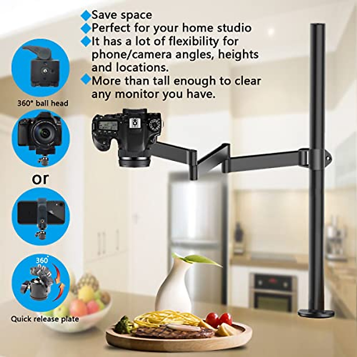 Heavy Desktop Overhead Camera Mount Rig Stand, Top Down DSLR Photography Holder with Flexible Arm and 360° Ball Head, Adjustable Height and Length for Ring Light/Video Camera/Webcam/Panel Light