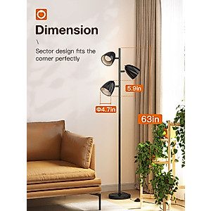 addlon Tree Floor Lamp with 3 Adjustable Rotating Lights and Matching LED Bulbs, Standing Tall Pole Lamps for Living Room, Bedroom, Home, Office - UL Listed, Black