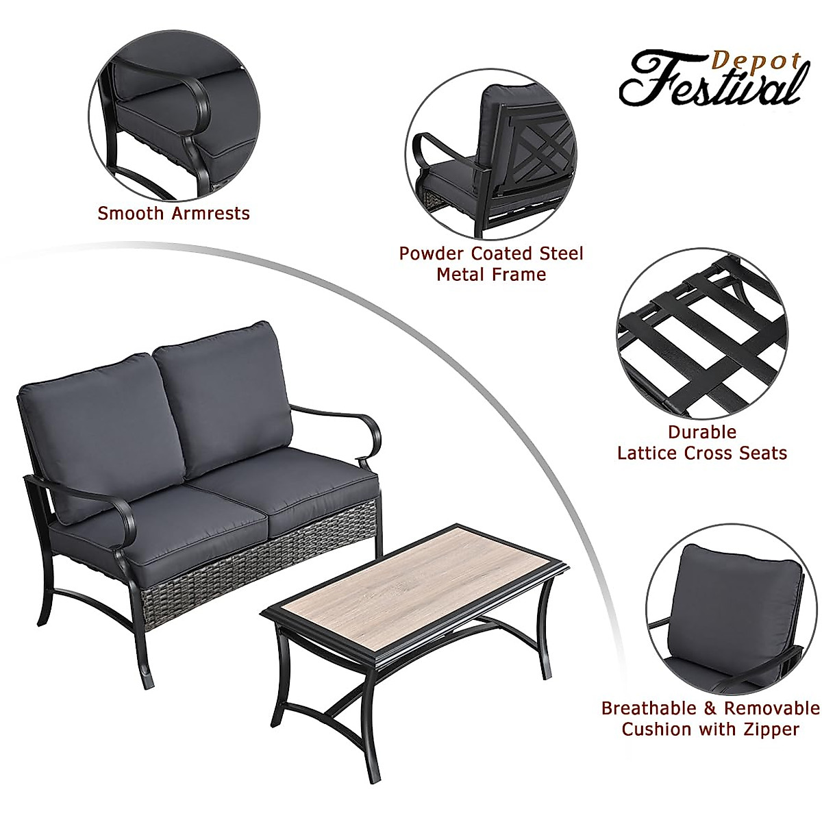 Festival Depot PE Wicker Patio Bistro Set, 2 Pieces Outdoor Furniture, Conversation Sofa Loveseat Armchairs & Coffee Table with Removable Cushion All Weather Casual Craft Cozy Small Chair Set