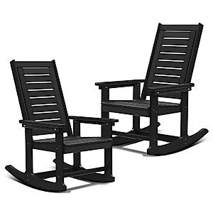 BRIOPAWS Outdoor Rocking Chairs | Set of 2 | Porch Rockers | HDPE Plastic| Black | Oversized | Patio Rocker Chair | High Back | for Big Man | Weather Resistant | for Outside Deck Balcony Backyard