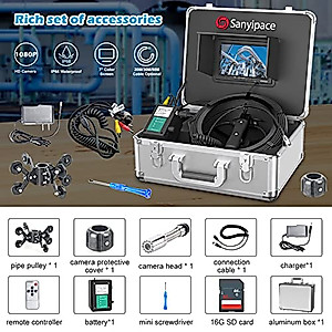 Sanyipace Sewer Camera, Remote Control, 1080P FHD, Zoom in, 100FT/30M, Sapphire Lens, Battery Level Display, 12 Adjustable White LEDs, 7'' LCD Screen, Plumbing Drain Camera, 16GB Card, Battery Powered