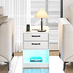 White Nightstand Set of 2 with Charging Station and LED Lights, Modern End Side Table with 2 Drawers and Open Storage for Living Room, Night Stands for Bedrooms Set of 2 White