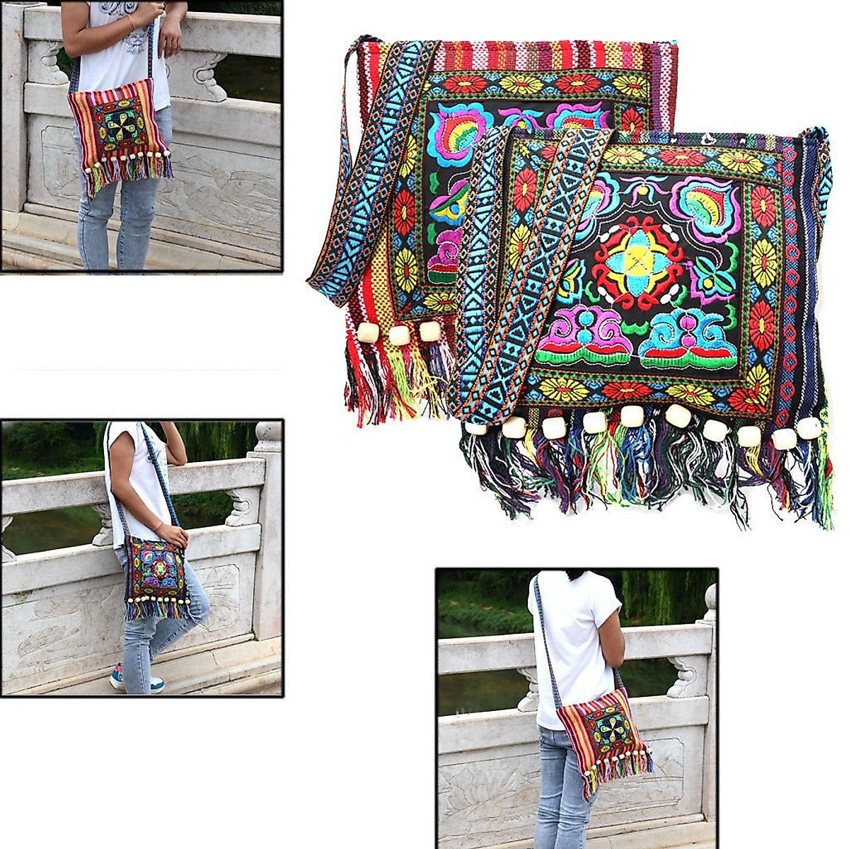 ABEE Hmong Vintage Ethnic Shoulder Bag Embroidery Boho Hippie Tassel Tote Messenger