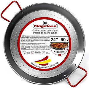 MAGEFESA® Carbon - paella pan 24 in - 60 cm and 19 Servingss, made in Carbon Steel, with dimples for greater resistance and lightness, ideal for cooking outdoors, cook your own Valencian paella