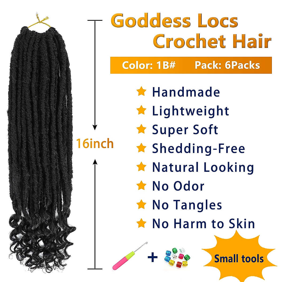 Goddess Locs Crochet Hair 6 Packs 16 Inch Straight Faux Locs Crochet Hair for Black Women, Crochet Pre-Looped Curly Hair Soft Faux Locs Synthetic Braiding Hair Extensions (16 Inch, 6 Packs, 1B#)