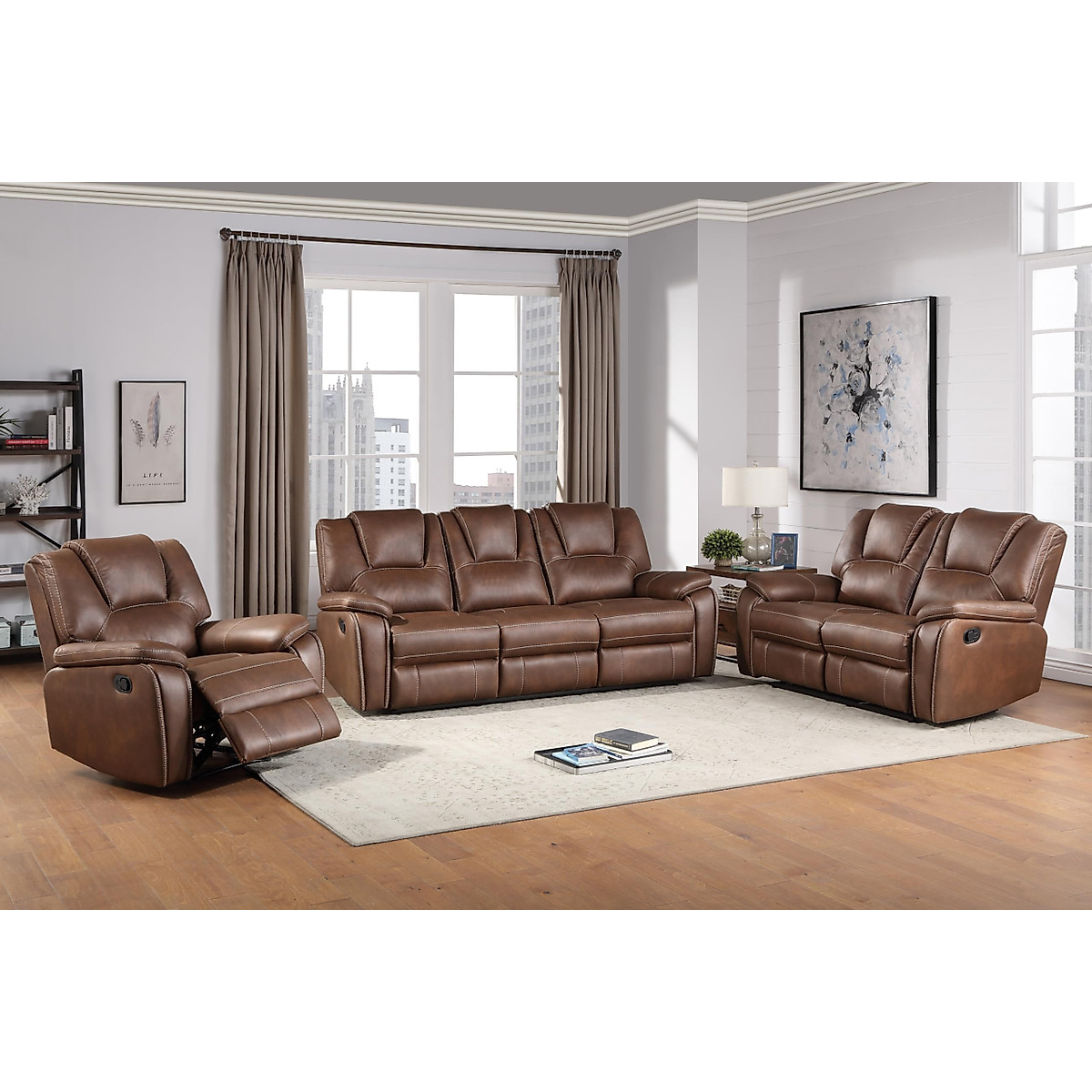 Steve Silver Katrine Reclining, Chestnut Brown Faux-Leather, Padded Armrests, Raised Headrest, Sinuous Spring Construction Sofas, 83.5 x 36 x 39