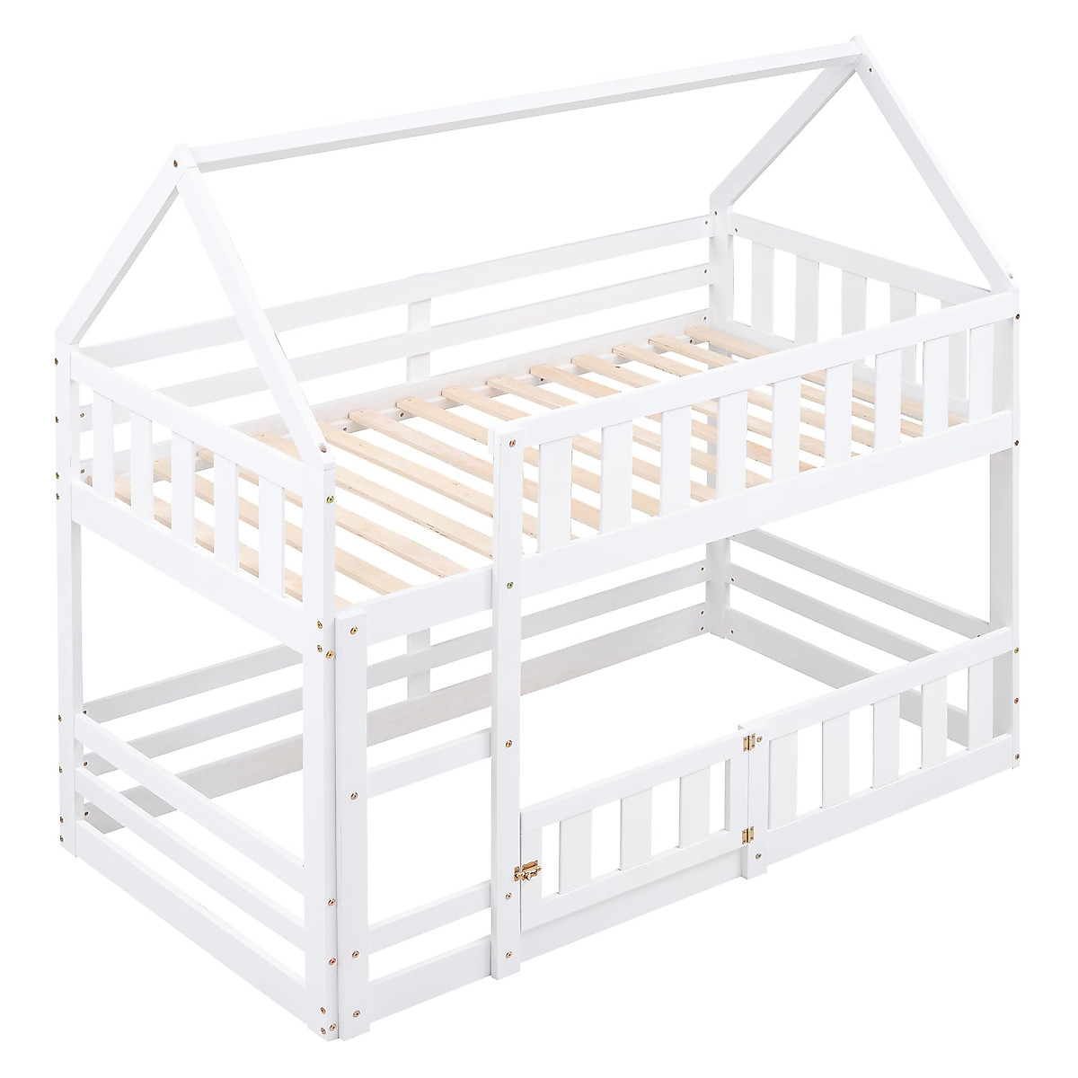 Merax House Bunk Bed Twin Over Twin, Modern Wood Floor Bunk Bed with Fence and Door, for Boys Girls Teens, White
