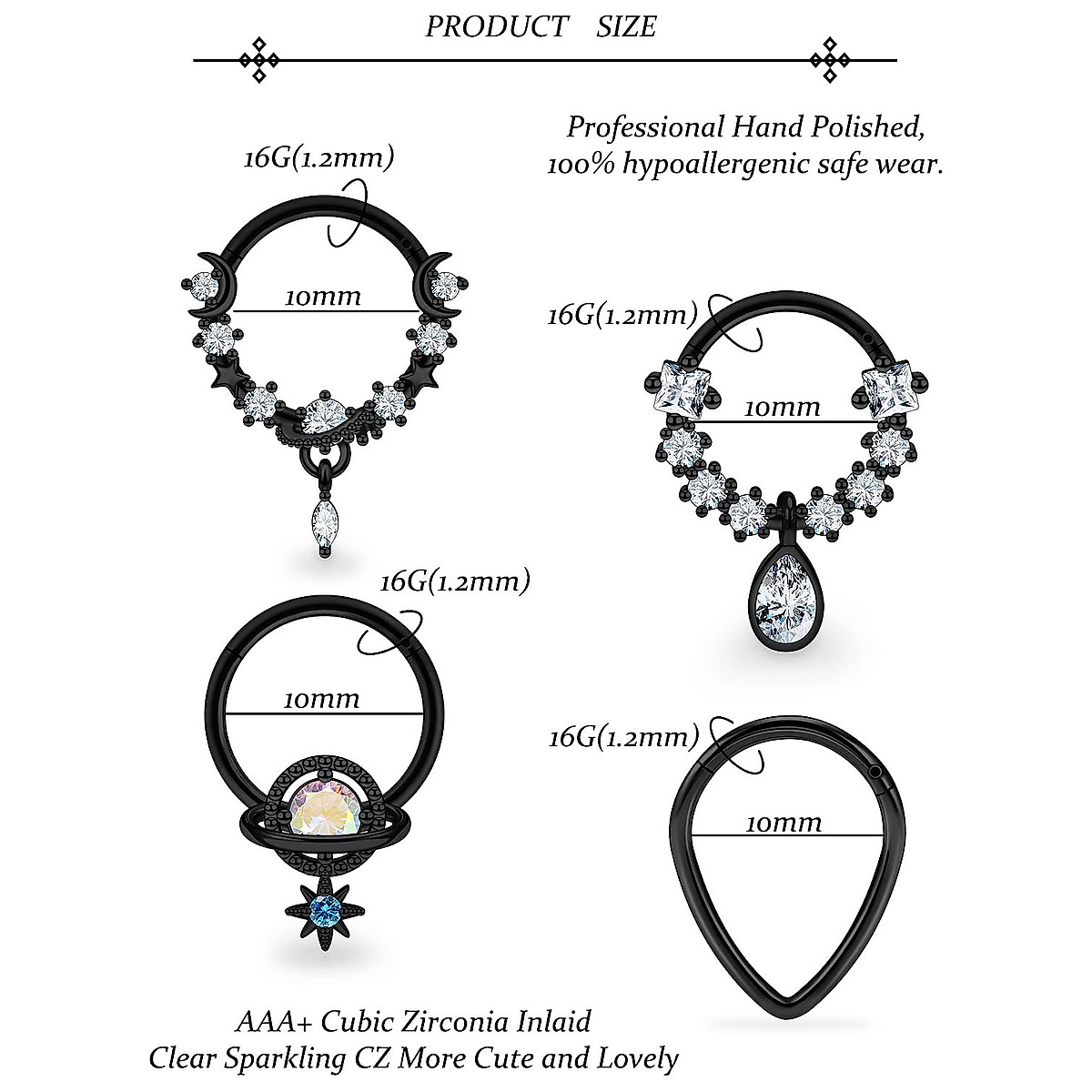 Vsnnsns 16G Septum Rings Piercing Jewelry Septum Jewelry CZ Clicker Ring Stainless Steel Septum Hinged Segment Nose Rings Hoop Piercing Jewelry for Men Women 10mm 5pcs Black