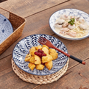 Swuut Ceramic Pasta Bowls Set,Blue and White 8 inch Salad Bowl Floral Dinner Shallow Plates Set of 4, Serving Bread Appetizer Dessert Snack (8 Inch)