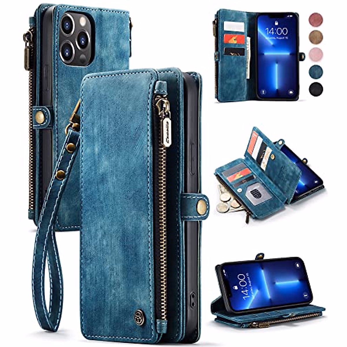 Defencase for iPhone 13 Pro Max Case, iPhone 13 Pro Max Case Wallet for Women Men, Durable PU Leather Magnetic Flip Lanyard Strap Wristlet Zipper Card Holder Phone Cases for iPhone 13 Pro Max, Blue