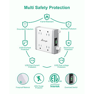 Alitayee Mountable Surge Protector Power Strip, Wall Mount Power Strip with 4 Outlets and 3 USB, Flat Plug, Shutter Safety and Circuit Breaker Switch, 6 Ft Extension Cord for College Home Office Dorm