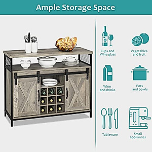 VINGLI Farmhouse Barn Door Buffet Sideboard Accent Storage Liquor Cabinet w/Removable 9-Bottle Wine Rack, Rustic Wine Cabinet Home Bar Furniture for Kitchen Dining Room (Wash Grey)
