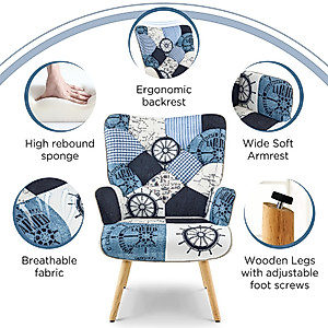 Fahomiss Accent Chair, Living Room Chair, Modern High Back Armchair, Colorful Patchwork Reading Chairs for Bedroom, Lounge Chair with Linen Fabric Shell and Solid Wood Feets (1, Blue)
