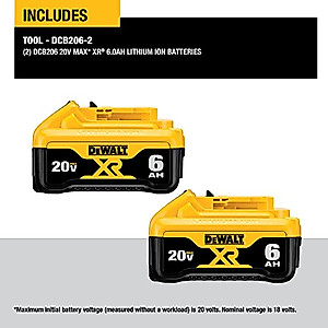 DEWALT 20V MAX Battery, 6 Ah, 2-Pack, Fully Charged in Under 90 Minutes (DCB206-2)