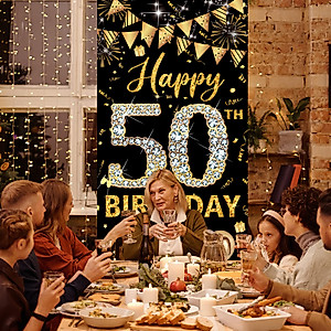 50th Birthday Decorations Door Banner, Black Gold Happy 50th Birthday Decorations Women Men, Door Cover Sign Poster Decor, 50 Year Old Birthday Party Photo Props Backdrop, Fabric 6.1ft x 3ft PHXEY