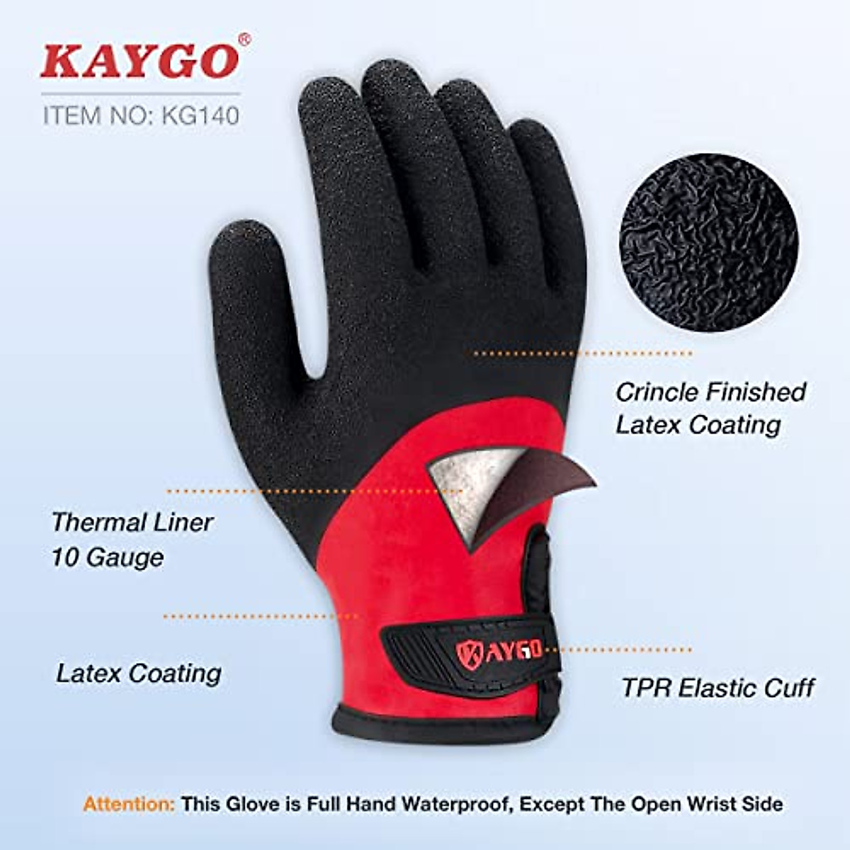 KAYGO Waterproof Thermal Work Gloves for Men and Women, Full Hand Latex Coated, Acrylic Insulated Liner for Freezer Cold Weather, Fine Crinkle Grip,KG140W, Red,Large
