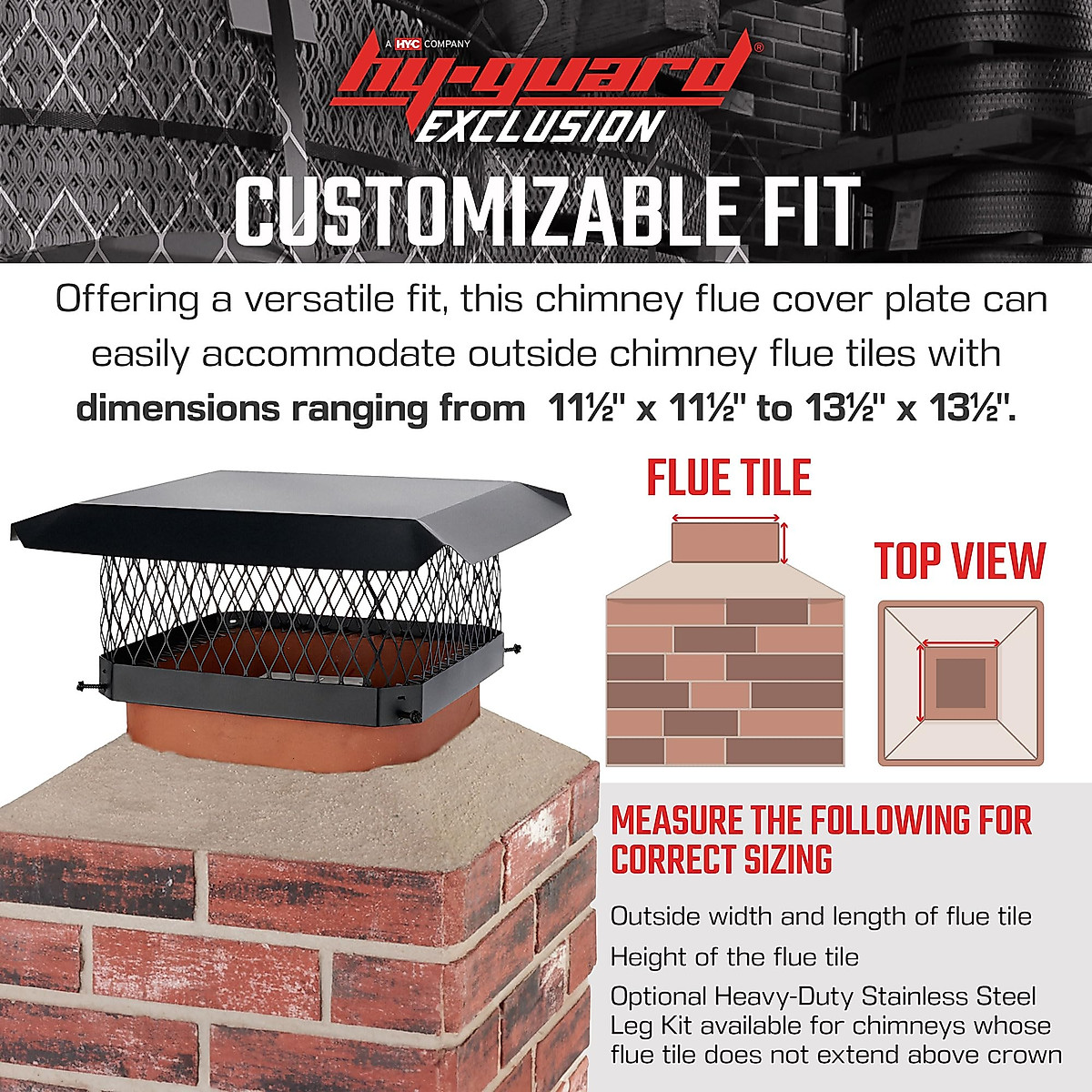 HY-GUARD Galvanized Steel Chimney Cover - HY-C Black Chimney Cap, Single Bolt-On Chimney Fireplace Cover, Chimney Flue Cover To Fit On Existing Flue Tiles, Chimney Vent Cap With Hood Plate (13" x 13")
