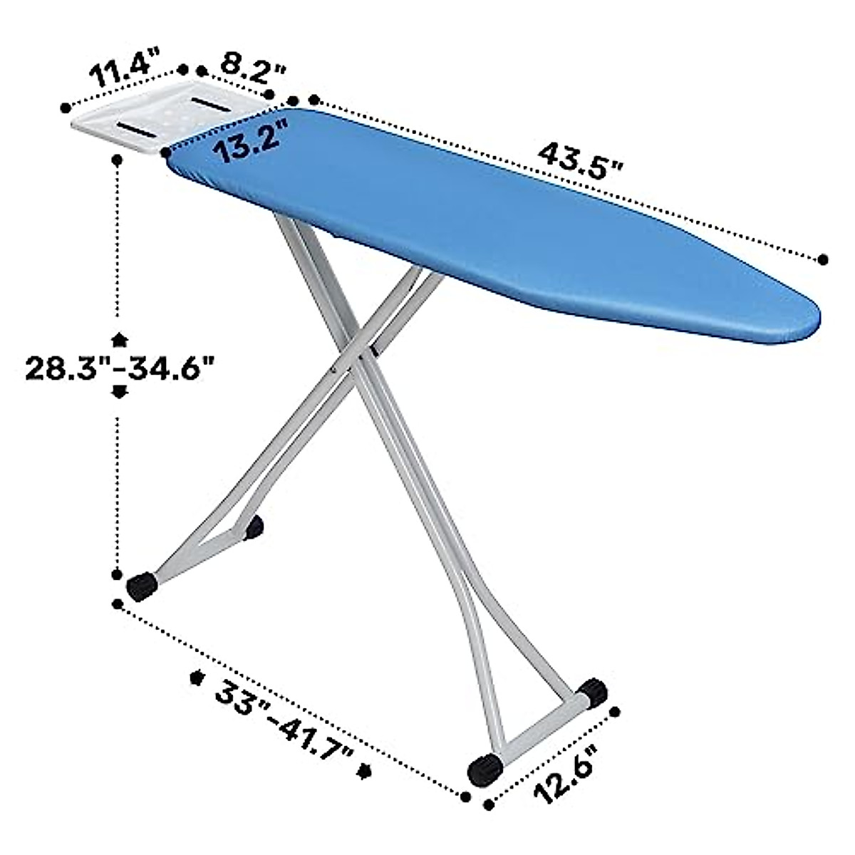 ALIMORDEN Space Saver Ironing Board 43" X 13" with Smart Hanger Adjustable Height 28"-35" Easy Storage, Heat Resistant Silicone Tray, Padded Top Blue