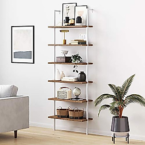 Nathan James Theo 6-Shelf Tall Bookcase, Wall Mount Bookshelf, Rustic Oak/White & Theo 2-Shelf Industrial Wall Mount Ladder, Small Computer or Writing Desk, Rustic Oak/White